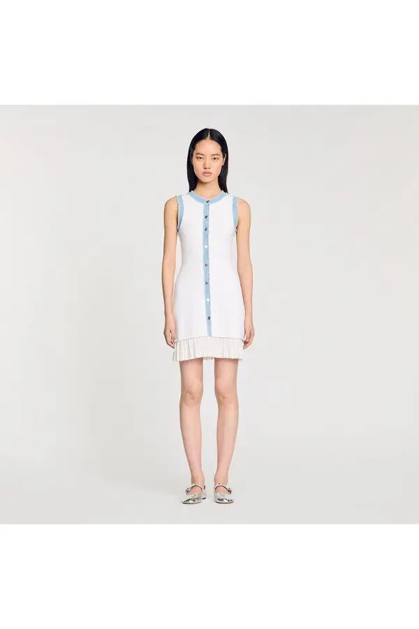 Sandro Mini Knit Dress With Ruffles - Neutral / White - 20% Off
